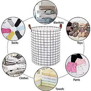 [2 Pack] Collapsible Laundry Basket, Large Round Waterproof Laundry Hamper, Foldable Storage Organizer with Leather Handles for Dirty Clothes (White Plaid)