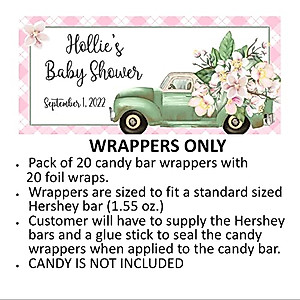 Rustic Floral Pick Up Truck Personalized Candy Bar Wrappers for Chocolate, Birthday Party Favors, Hershey Bar Labels, Pack of 20