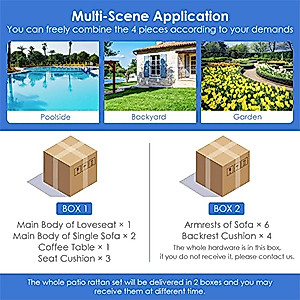 HAPPYGRILL 4 Piece Patio Conversation Set Rattan Sectional Sofa Set with Soft Cushions and Coffee Table, Outdoor Wicker Furniture Set with Acacia Wood Armrests, Perfect for Poolside, Garden, Backyard