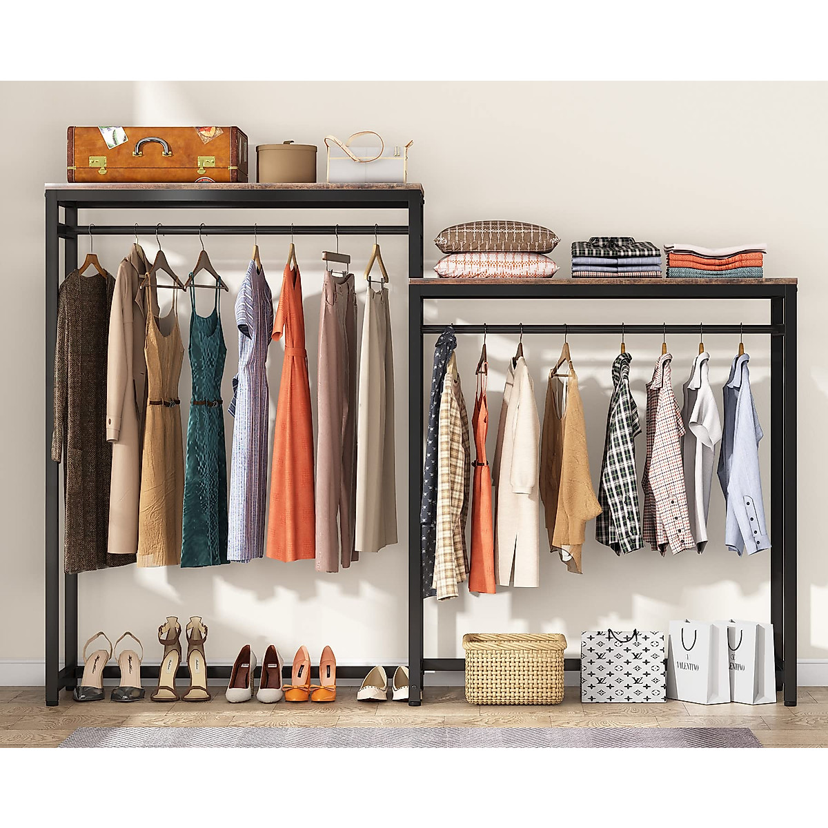 Tribesigns Free Standing Closet Organizer, Clothes Garment Racks with Storage Shelves and Double Hanging Rod, Heavy Duty Metal Wardrobe Closet Storage Clothing Shelving for Bedroom (Rustic Brown)
