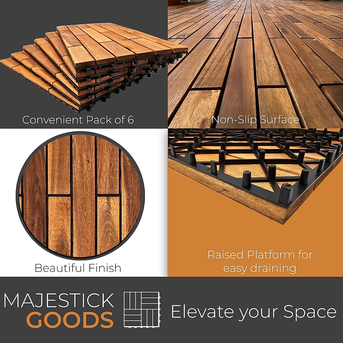 Interlocking Deck Tiles 24 x 12 Long Boards Snap Together Wood Flooring - Acacia Hardwood Outdoor Flooring for Patio - Floor Decking Tile, Waterproof Balcony Flooring 12 Sq Ft (1 Pack (6 Pieces))