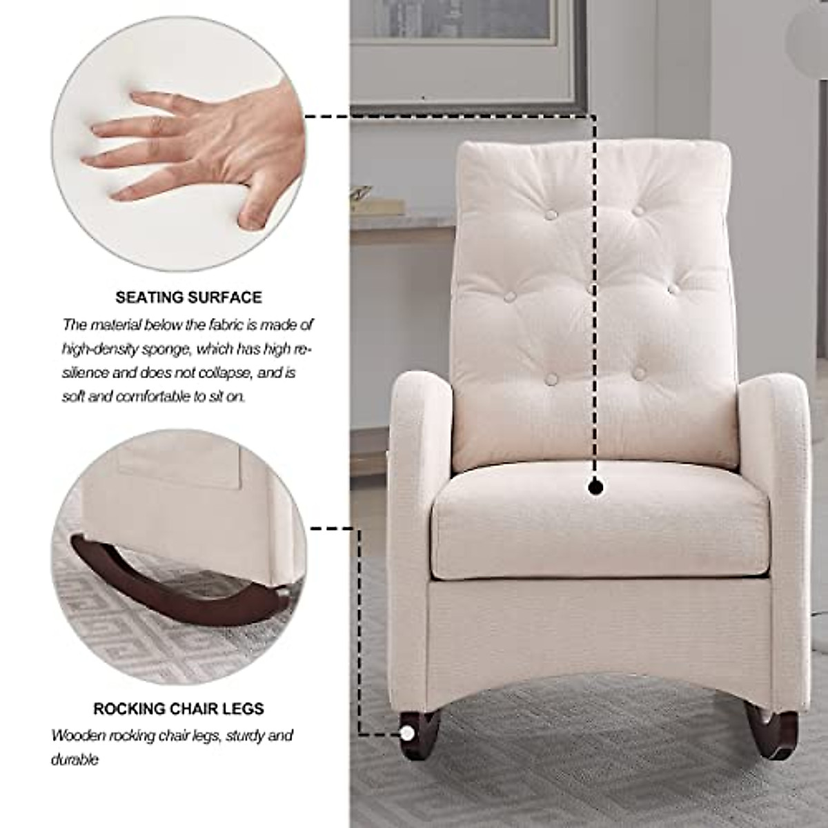 Deolme Modern Accent Rocking Chair, Button Tufted Upholstered Glider Rocker for Nursery, Comfy Armchair with Side Pocket, Lounge Chair with High Backrest for Living Room, Bedroom (Fabric Light Beige)