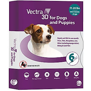 Vectra 3D for Dogs Flea, Tick & Mosquito Treatment & Prevention for Small Dogs (11 – 20 lbs) , 6 month supply
