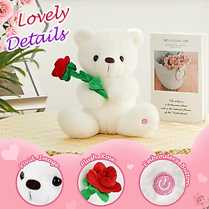 Houwsbaby Glow Teddy Bear with Rose Stuffed Animal for Graduate Soft Light Up Plush Toy LED Night Lights Valentine’s Day Presents for Kids Toddler Girlfriend,White,10.5''
