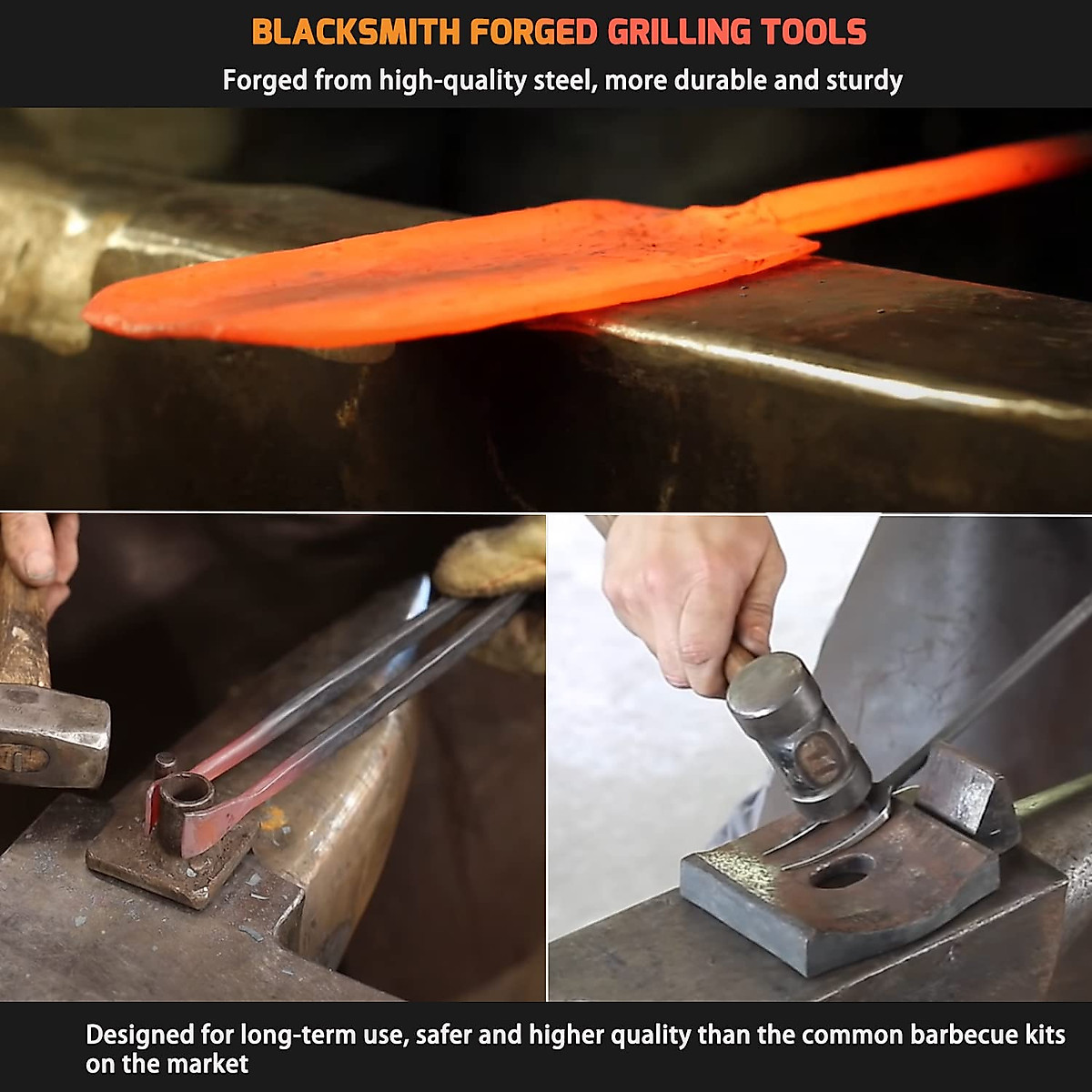 Heavy Duty Forged Utensils BBQ Grill Tool Sets, Blacksmith Hand Forged Grill Tools, Extra Thick Stainless Steel Spatula, Fork and Tongs, for Master Griller,3 Pack