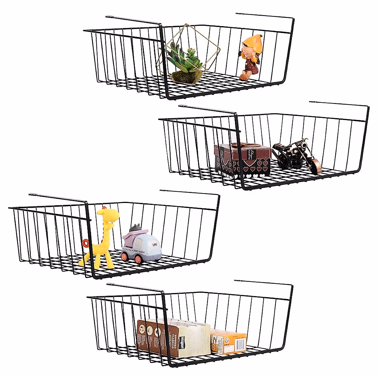 Under Shelf Basket 4 Pack Hanging Under Shelf Storage Organizer Black Metal Wire Grid Under Table Shelf Storage Basket Rack for Pantry Cabinet Desk Bookshelf Office Closet