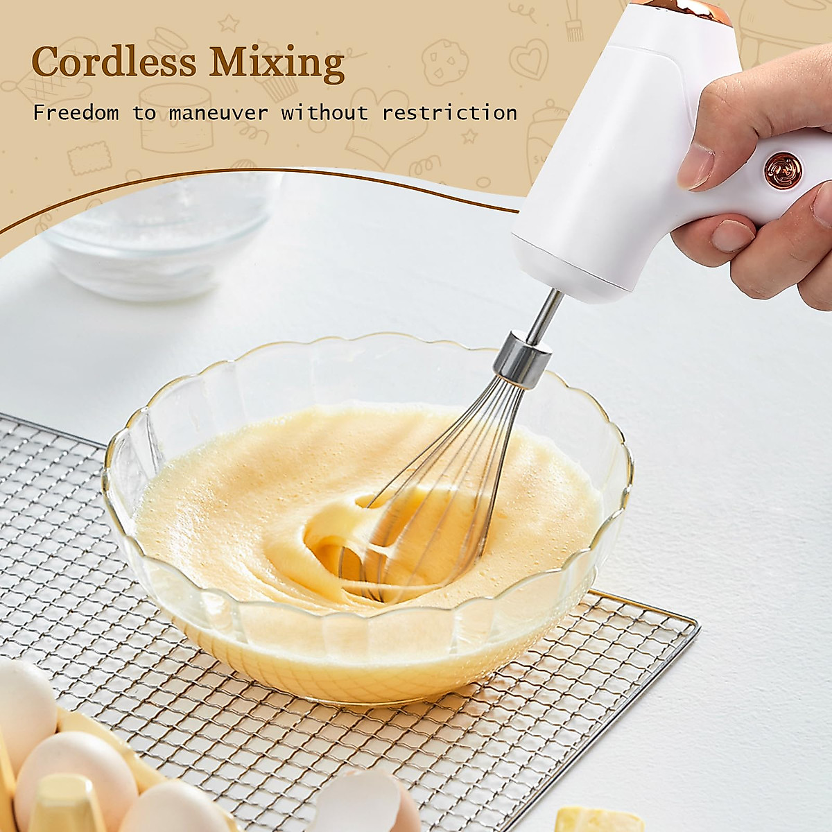 CHIDOYII Cordless Hand Mixer, Handheld Electric Whisk with 3 Speed Modes, Hand Held Egg Beater with 2 Detachable Stir Whisks (White)