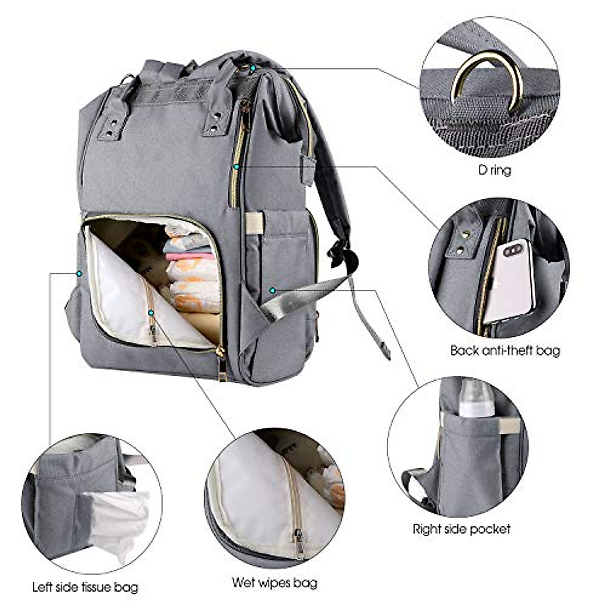 Iduola Diaper Bag Backpack, Multifunction Back Pack with 2 D Rings & Pacifier Case, Large Capacity Waterproof Portable Maternity Baby Nappy Bag, Unisex and Stylish (Gray)