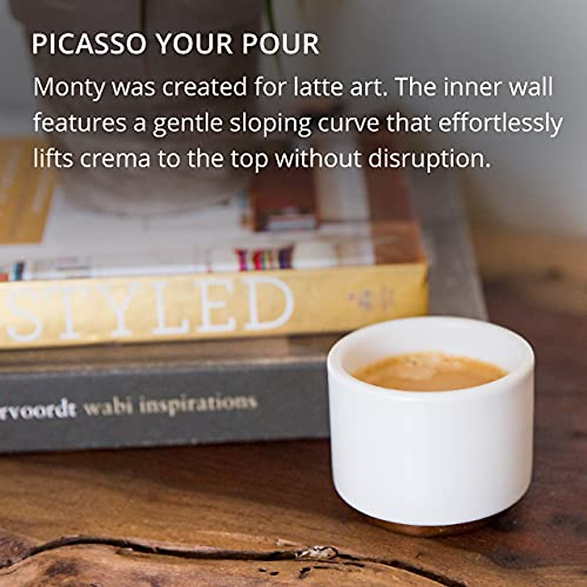 Fellow Monty Milk Art Espresso Cups - Small Double Wall Ceramic Demitasse, Matte White with Copper Base, 3 oz Cup (Set of 2)