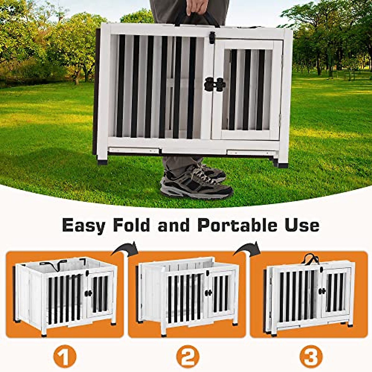 MCombo Wooden Dog Crate Furniture, Portable Foldable Dog Kennel End Table, Solid Wood Indoor Cage with Tray (Small, White and Brown)