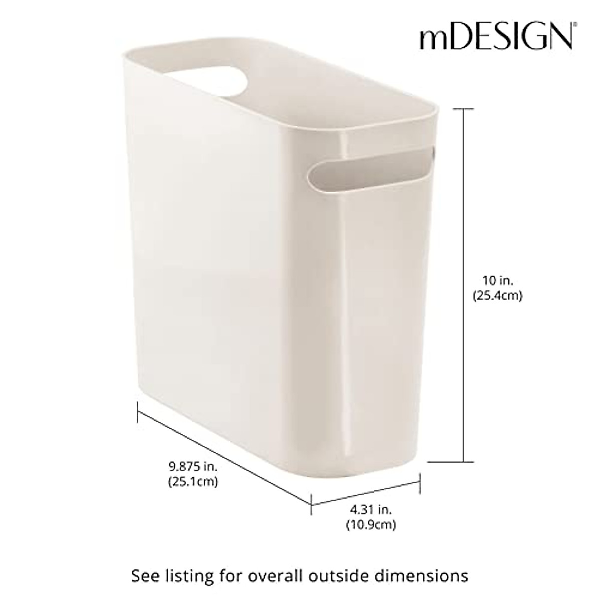 mDesign Slim 5.7 Litre Waste Bin - Waste Paper Bin with Integrated Plastic Carry Handles - Compact Waste Bin for Bathroom, Kitchen or Office - Cream