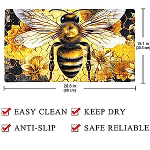 Bath Tub Shower Mat - Anti-Slip PVC Material 15.1x26.8 in, Gentle Cushioning Quick Drying Suction Cups Reliable Solution - Flowers and Lovely Bees Design Non-Slip Floor Mat