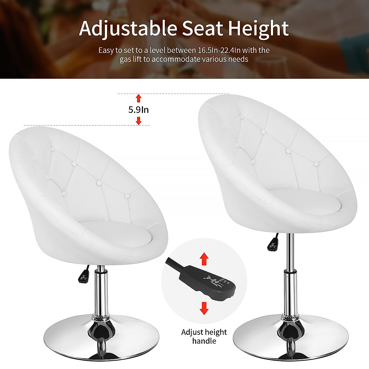 Living Room Vanity Chair Makeup Chair Swivel Accent Chair Round Back Height Adjustable PU Leather Modern Chair for Makeup Room Small Desk,White