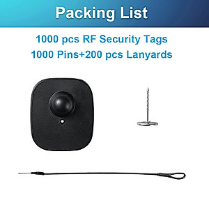 1000Pcs 8.2Mhz RF Security Clothing Tags Black Retails EAS Clothes Tag with 1000 Pins and 200 Lanyards