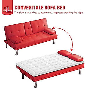 Futon Sofa Bed, Multifunctional Foldable Recliner Faux Leather Sleeper Sofa w/ 2 Cup Holders, Loveseat Daybed Guest Bed for Compact Living Spaces, Apartments, Dorms, w/Removable Armrests,Red