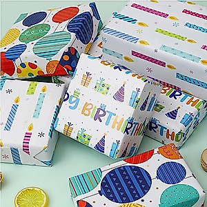 BULKYTREE Birthday Wrapping Paper for Boys Girls Kids Men Women Holiday Birthday Party - 3 Large Sheets Colorful Balloon 'Happy Birthday' Birthday Candles Gift Wrap - 27 Inch X 39.4 Inch Per Sheet