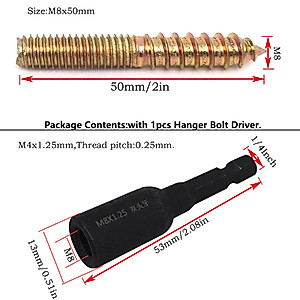 10Pcs Hanger Bolts Double Headed Bolts Kit,with (M8x1.25mm) Hanger Bolt Driver, Hanger Bolts for Wood Furniture(M8x50mm)