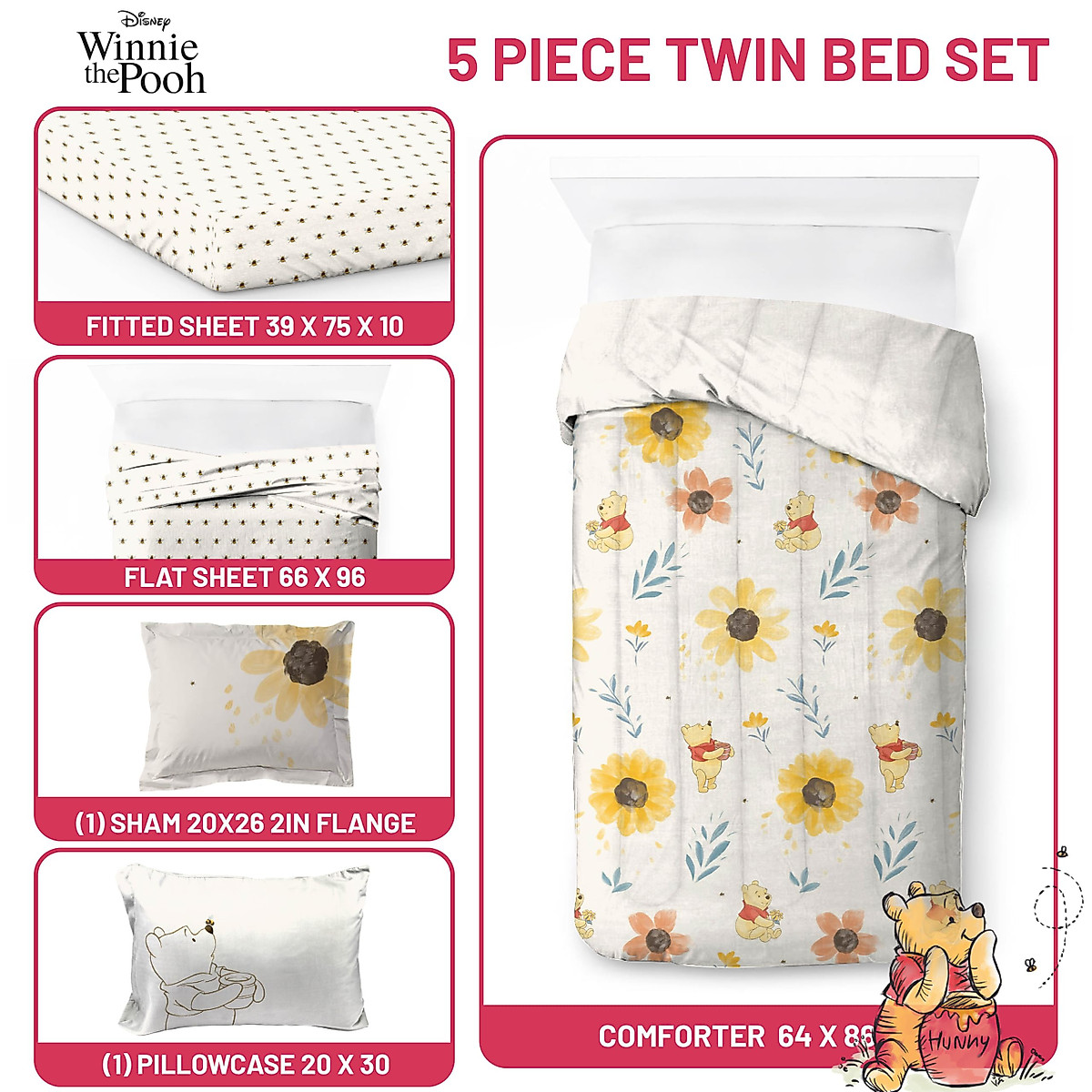 Jay Franco Disney Winnie The Pooh Twin Comforter Set - 5 Piece Bedding Includes Sheet Set & Pillow Covers - Super Soft Cozy Floral Bedding