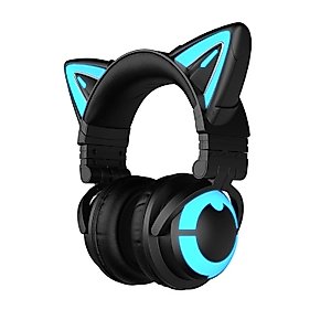 YOWU RGB Cat Ear Headphone 3G Wireless 5.0 Foldable Gaming Headset with 7.1 Surround Sound, Built-in Mic & Customizable Lighting and Effect via APP, Type-C Charging Audio Cable-Black