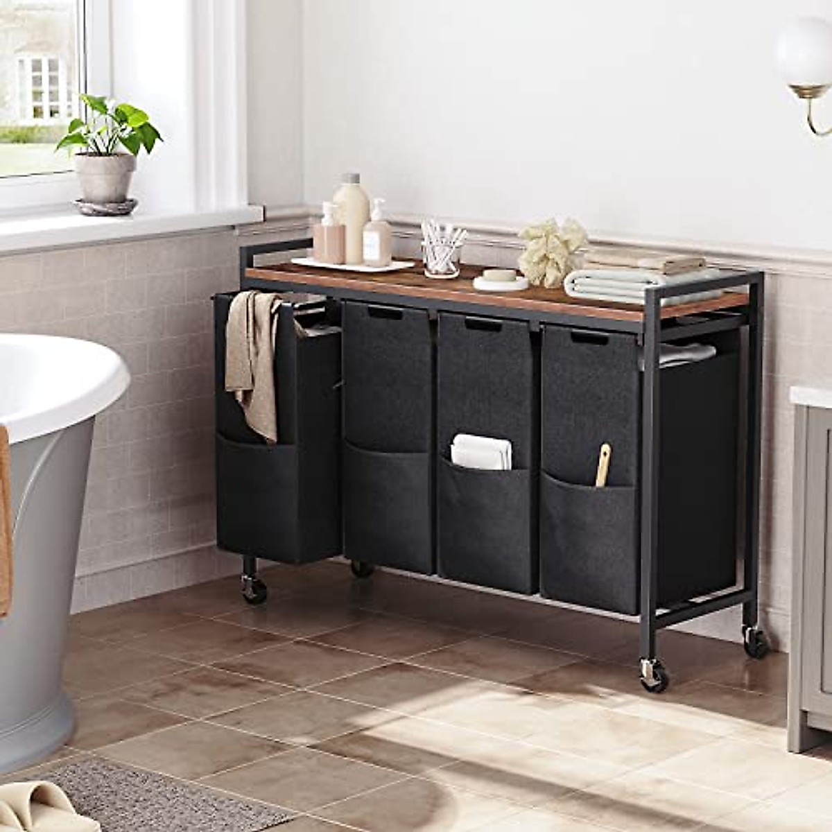 HOOBRO Laundry Hamper, Laundry Sorter 4 Section, Laundry Basket with Wheels, 4 × 10.5 Gal (39.8L), Rolling Cart, Pull-Out and Removable Oxford Fabric Laundry Bags, Rustic Brown and Black BF04XY01