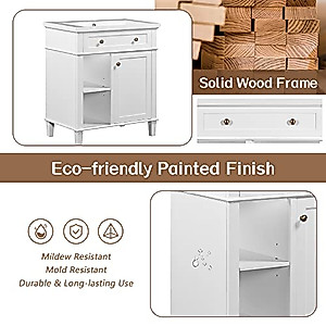 Goujxcy 30-inch Freestanding Bathroom Vanity Combo with White Ceramic Sink and Storage Cabinet Wooden Bath Cabinet Integrated Single Sink for Bathroom, Full Assembly Required (White-30'')