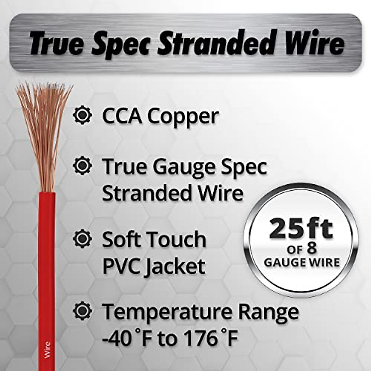 InstallGear 8 Gauge Wire (25ft) Copper Clad Aluminum CAA - Primary Automotive Wire, Car Amplifier Power & Ground Cable, Battery Cable, Car Audio Speaker Stereo, RV Trailer Wiring Welding Cable 8ga