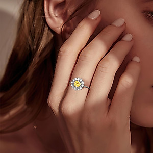 Cezentiy Sunflowers Ring 925 Sterling Silver Jewelry Daisy Ring Zirconia Stacking Ring for Women Girls Gift Size 6 to 9 (white golden, 7)