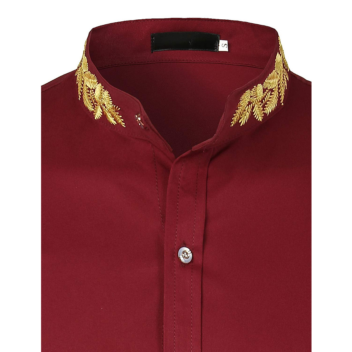 ZEROYAA Mens Hipster Gold Embroidery Mandarin Collar Slim Fit Long Sleeve Casual Dress Shirts Z52 Wine Red XX-Large