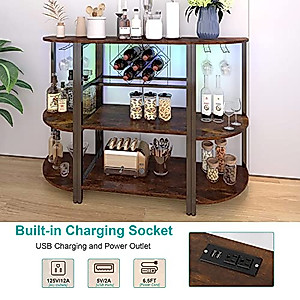 Wine Rack Table with Socket and LED Light 47.3 Inch Wood Coffee Bar Cabinet Detachable with Adjustable Wine Rack, FreeStanding Wine Bar Rack, Sideboard and Buffet Cabinet for Liquor and Glasses