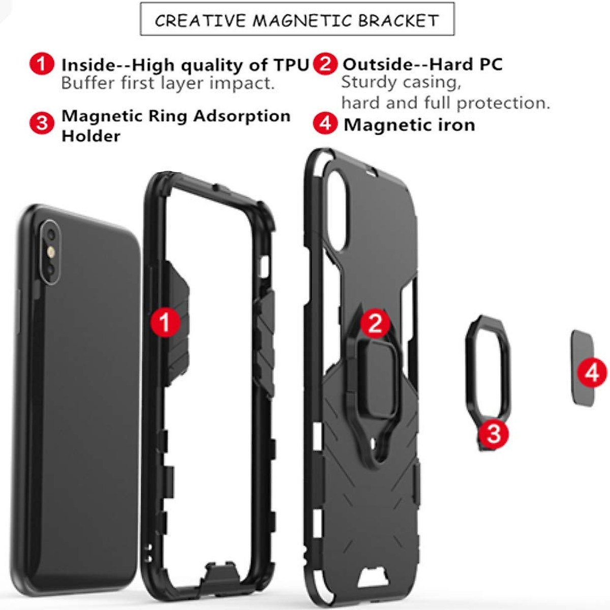 DuoLide for Huawei P30 Lite Case, 2 in 1 Hybrid Heavy Duty Armor Shockproof Defender Kickstand Dual Layer Bumper Hard Back Case Cover Tempered Glass Screen Protector，Black