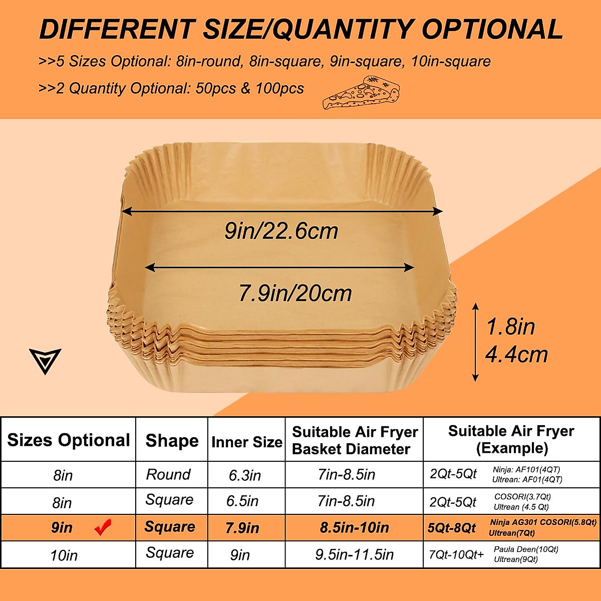 BYKITCHEN Air Fryer Sheets Liners for Ninja AG301 Grill, AF141, Cosori Air Fryer, 9 Inch Square Air Fryer Parchment Paper Filters for 5 to 8 Qt Basket, Ninja Foodi Grill Accessories (Set of 100)