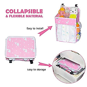 Selbor Baby Nursery Organizer and Diaper Caddy, Hanging Diaper Stacker Storage for Changing Table, Crib, Playard - Nursery Organization for Newborn (Pink Starry Elephant, Bottle Cooler Included)