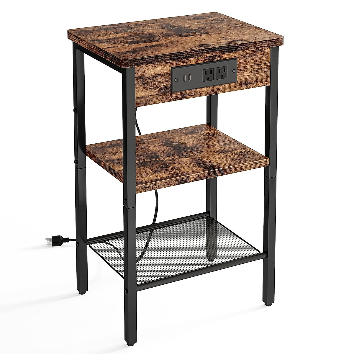 Fixwal Side Table, Night Stand with Charging Station, 3-Tier End Table with Storage Shelf, Side Table for Living Room, Bedroom, Rustic Brown and Black