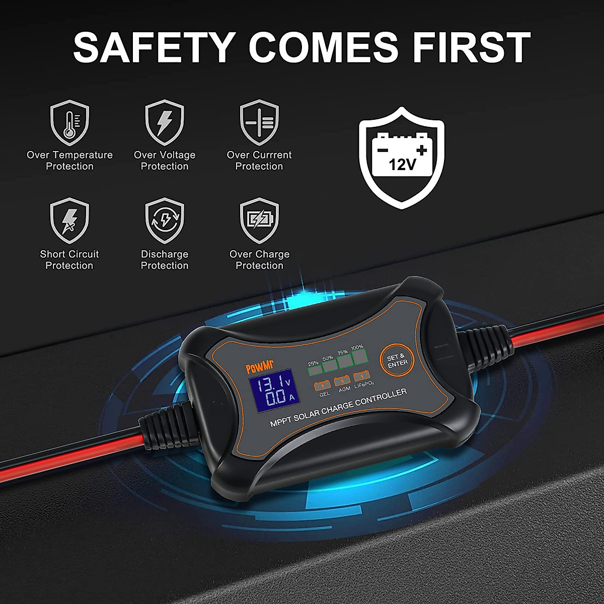 10A MPPT Solar Charge Controller 12V, PowMr 10 Amp 12 Volt Solar Panel Regulator with Digital LCD Display, Solar Intelligent Controller for 12V Lead-Acid, LiFePO4, Lithium Batteries