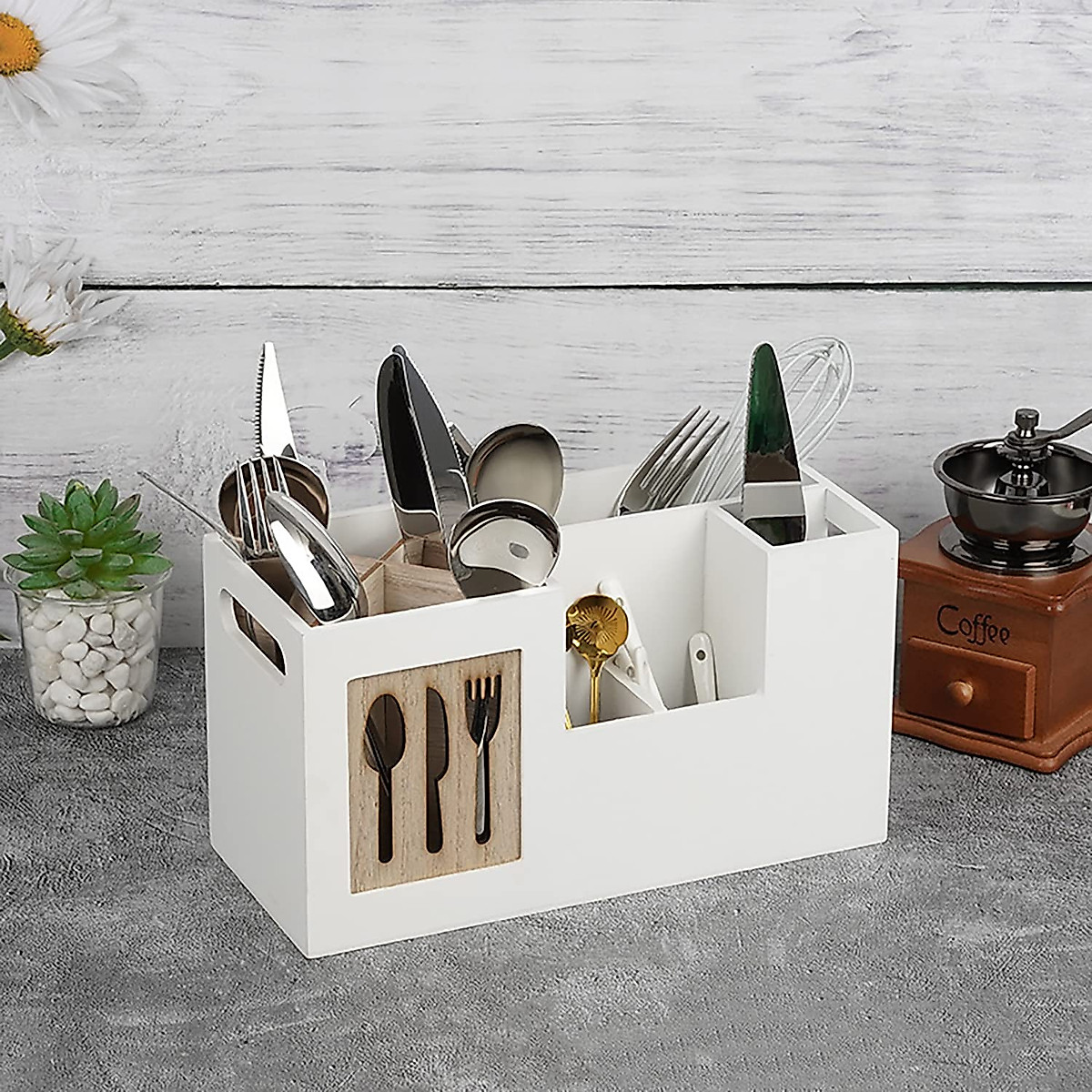 CBEYNCHOS Wooden Utensil Holder Cutlery Caddy,Flatware Organizers for Forks Spoons Knives Cooking Tools,Large Capacity,Kitchen Table Decor for Party Bar and Home use (Simple White A)