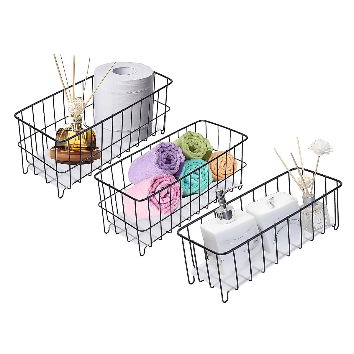 TIEYIPIN Farmhouse Decor Small Metal Wire Storage Organizer Basket Bins - Black (Set of 3)
