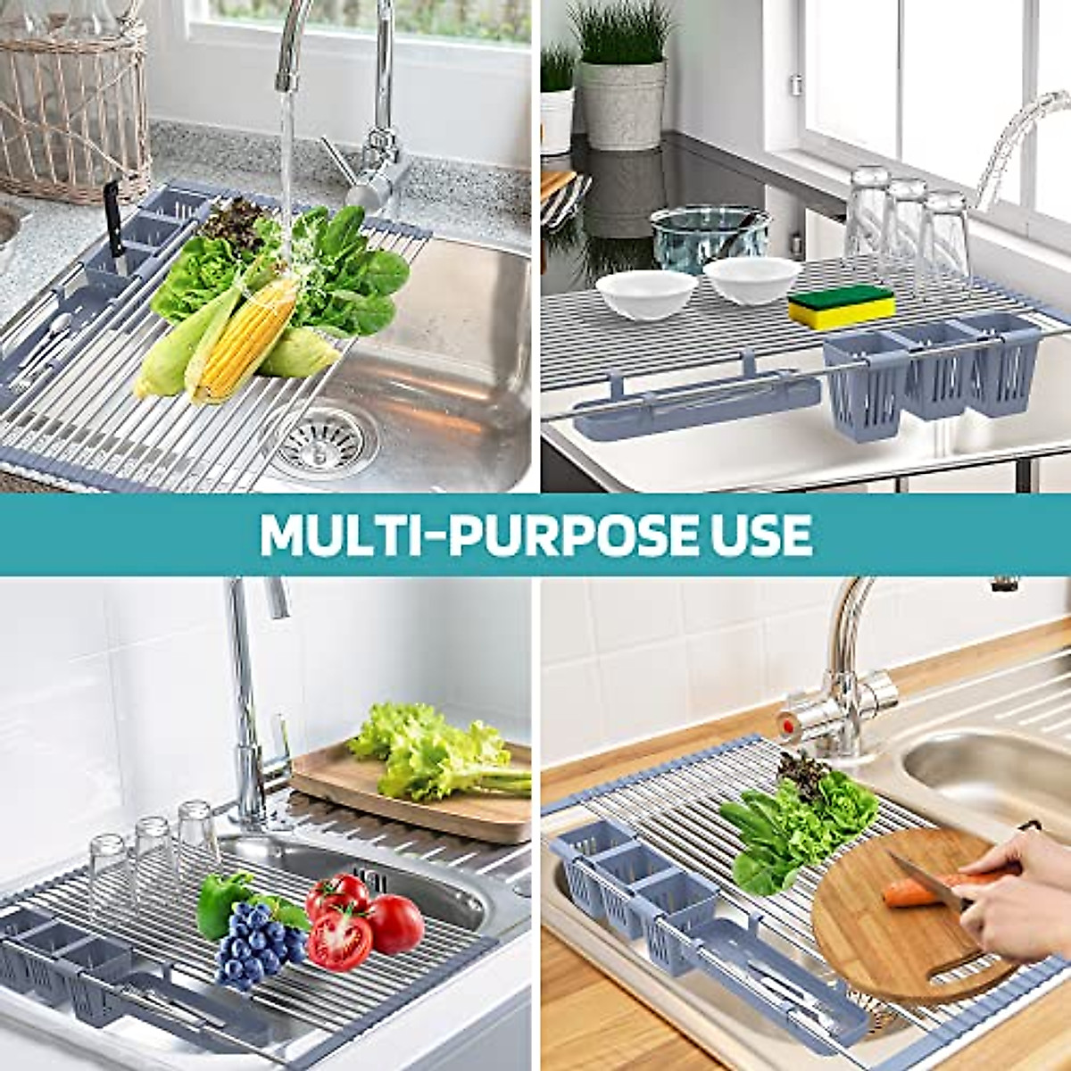 Extra Large Expandable Roll Up Dish Drying Rack Up to 25.1''with 2 Storage Baskets,Over The Sink Kitchen Rolling up Dishes Drainer, Foldable,Rollable for Fruits