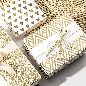 LeZakaa Gold Wrapping Paper Roll - Mini Roll - Geometric Patterns/Floral/Heart for Wedding, Bridal Shower, Birthday - 17 x 120 inches - 3 Rolls (42.5 sq.ft.ttl.)
