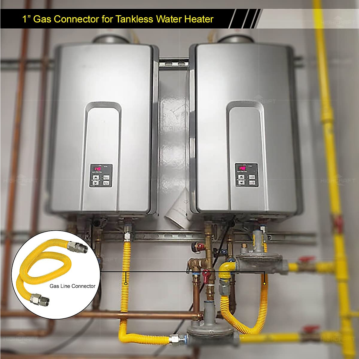 Gas Connector 18 inch Yellow Coated Stainless Steel, 1” OD Flexible Gas Hose Connector for Tankless Water Heater, with 3/4” FIP x 3/4” MIP Stainless Steel Fittings, 18” Gas Appliance Supply Line