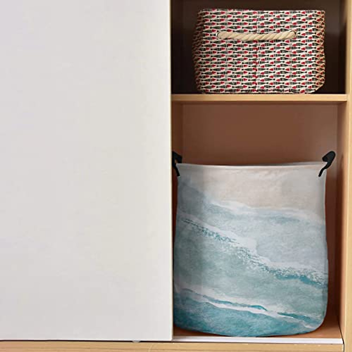 Large Laundry Basket 16.5x17in, Seaside Aesthetic Waterproof Dirty Clothes Bag Hamper with Handles, Blue Green Ombre Sea Beige Beach Collapsible Sorter Basket for Bathroom Bedroom Home