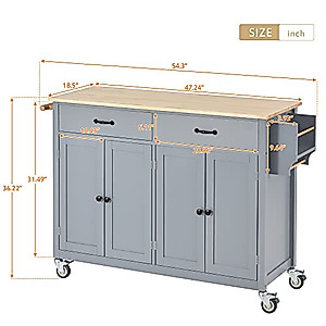 KELRIA Solid Wood Top, Mobile Carts with Storage Cabinet, Rolling Kitchen Table with Spice, Towel Rack, and Drawer, Portable Islands on Wheels, Gray, 54.3 Inch, Grey Blue