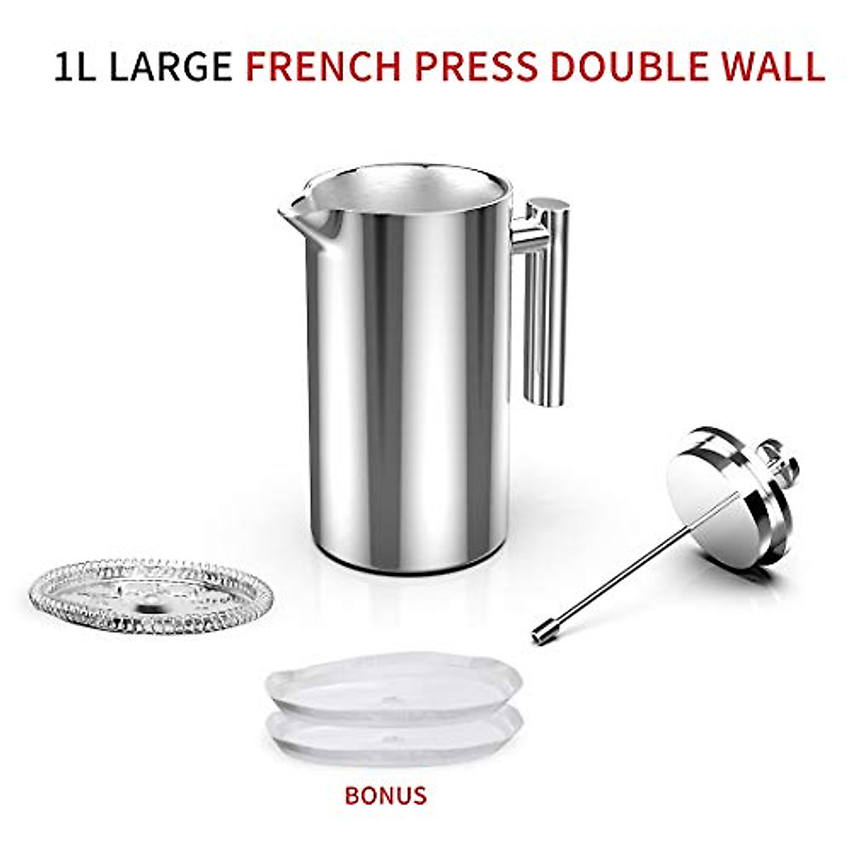 BINE French Press Coffee Maker, Stainless Steel 8 Cups 34oz Double-Wall Metal Insulated Coffee Tea Makers with 4 Level Filtration System, Rust-Free, Dishwasher Safe