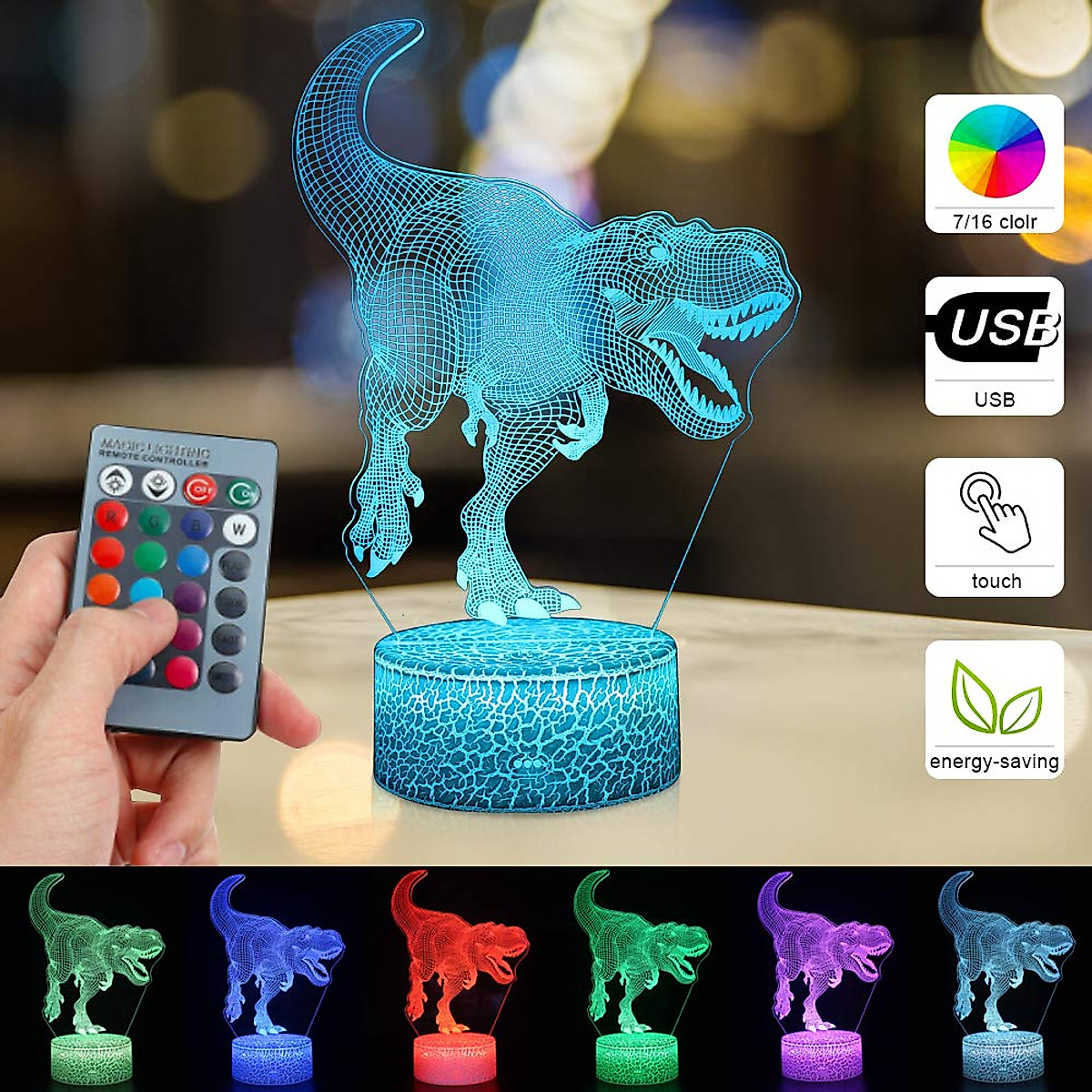 SZLTZK Dinosaur 3D Illusion Lamp for Boy Dinosaur Lamp 16 Colors with Remote Control Smart Touch Night Light Best Christmas Birthday Gift for Boy Girl Kids Age 5 4 3 1 6 2 7 8 9 10 11 Years Old