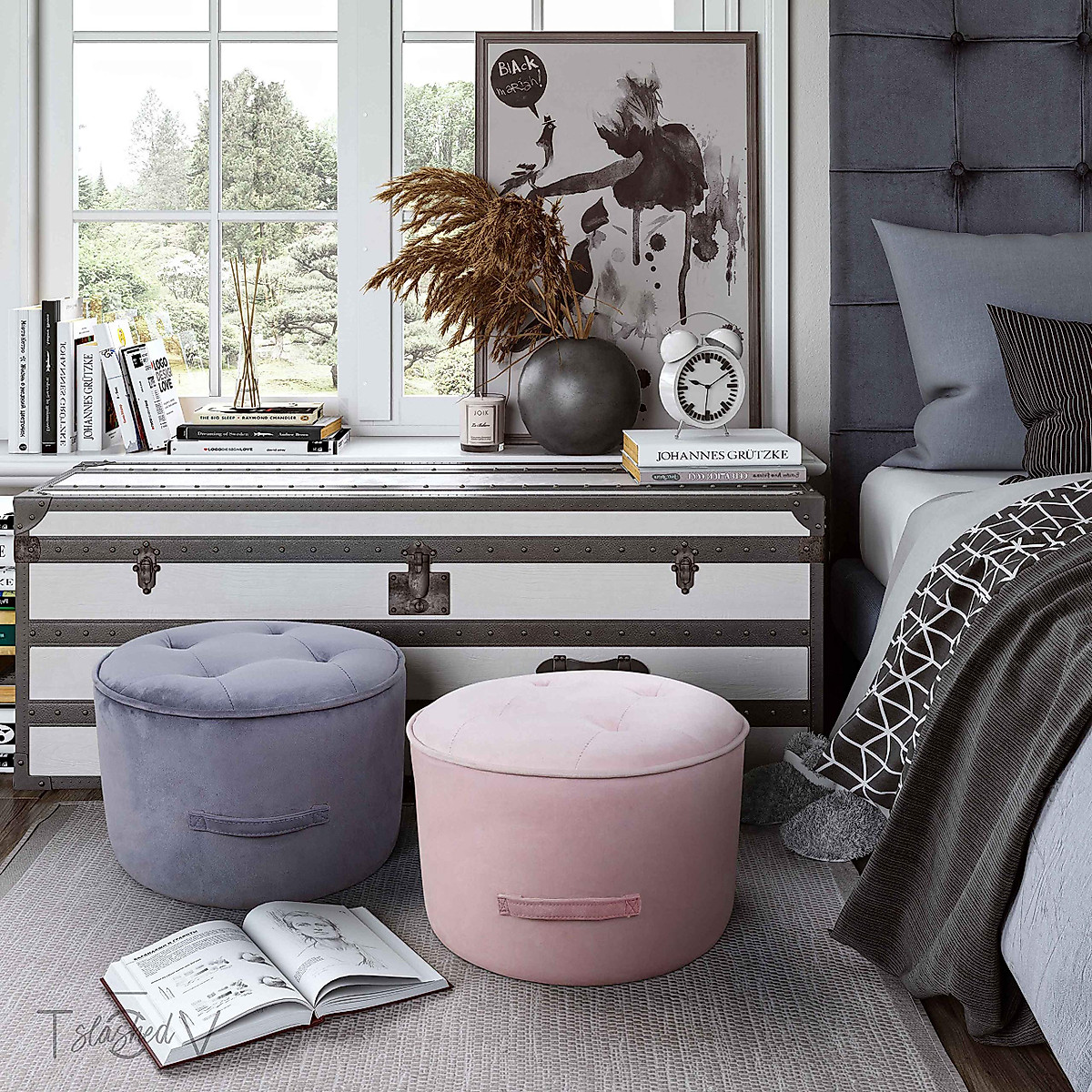 TOV Furniture The Luna Collection Modern Velvet Upholstered Button Tufted Round Ottoman, Grey