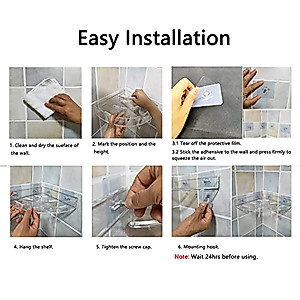 2 Pcs Adhesive Acrylic Corner Shower Caddy Shelf with Hooks Hollow Wall Mounted No Drilling Clear Corner Shelf for Shower Kitchen Organizer