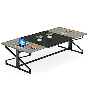 Tribesigns 8FT Conference Table, Rectangular Meeting Room Tables with Cable Grommet, 94.48L x 47.24W x 29.52H Inch, Large Seminar Table Desk for Home Office, Meeting Room (Gray and Black)