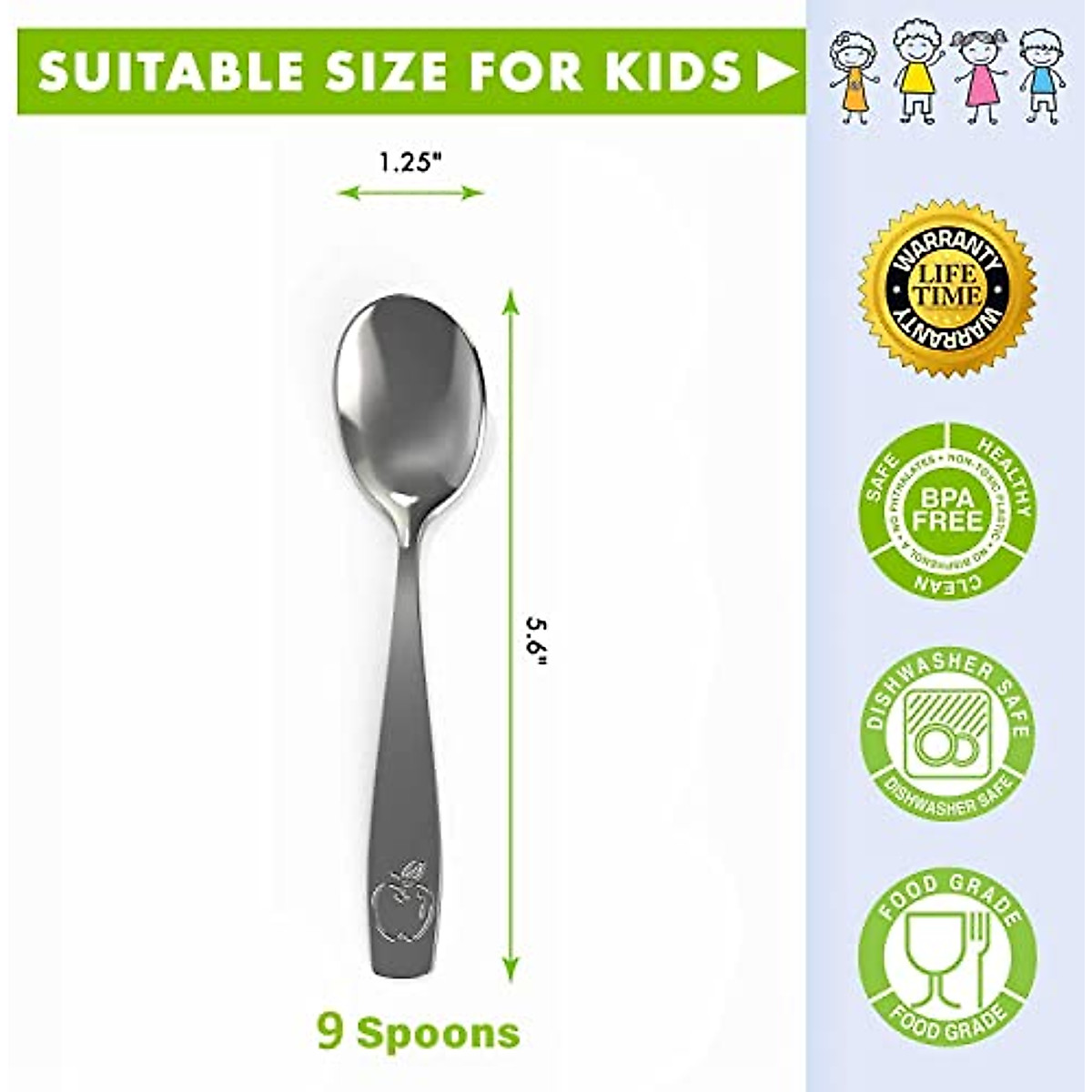 9 Piece Stainless Steel Kids Spoons - Child and Toddler Safe Flatware - Kids Utensil Set - Metal Kids Cutlery Set, Dinner Spoon Set, Small Spoons for Dessert - Includes a Total of 9 Small Kids Spoons