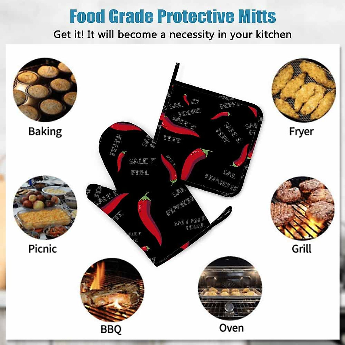 Mxocom Spicy Red Chili Peppers Heat-Resistant Oven Mitts and Pot Holder Hottest Bird's Eye Chili Black Background Kitchen Non-Slip Cooking Microwave Gloves for Cooking Baking Grilling