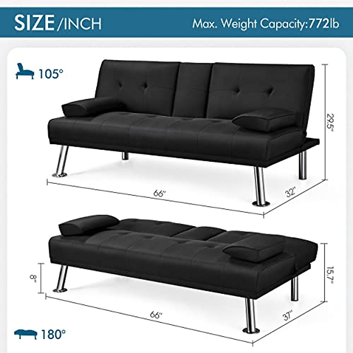 Yaheetech Linen Fabric Modern Sofa Bed Futon Couch Bed Folding Recliner Sleeper Reversible Loveseat Convertible Daybed, 2 Cup Holders, 3 Angles, 772lb Capacity, Removable Armrests, Black