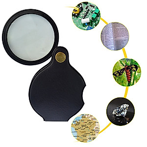 6X Mini Pocket Magnifying Glass Folding Pocket Magnifier Loupe with Rotating Protective Holster Leather Pouch for Reading,Science Class,Hobby (Black), 60mm/2.4"